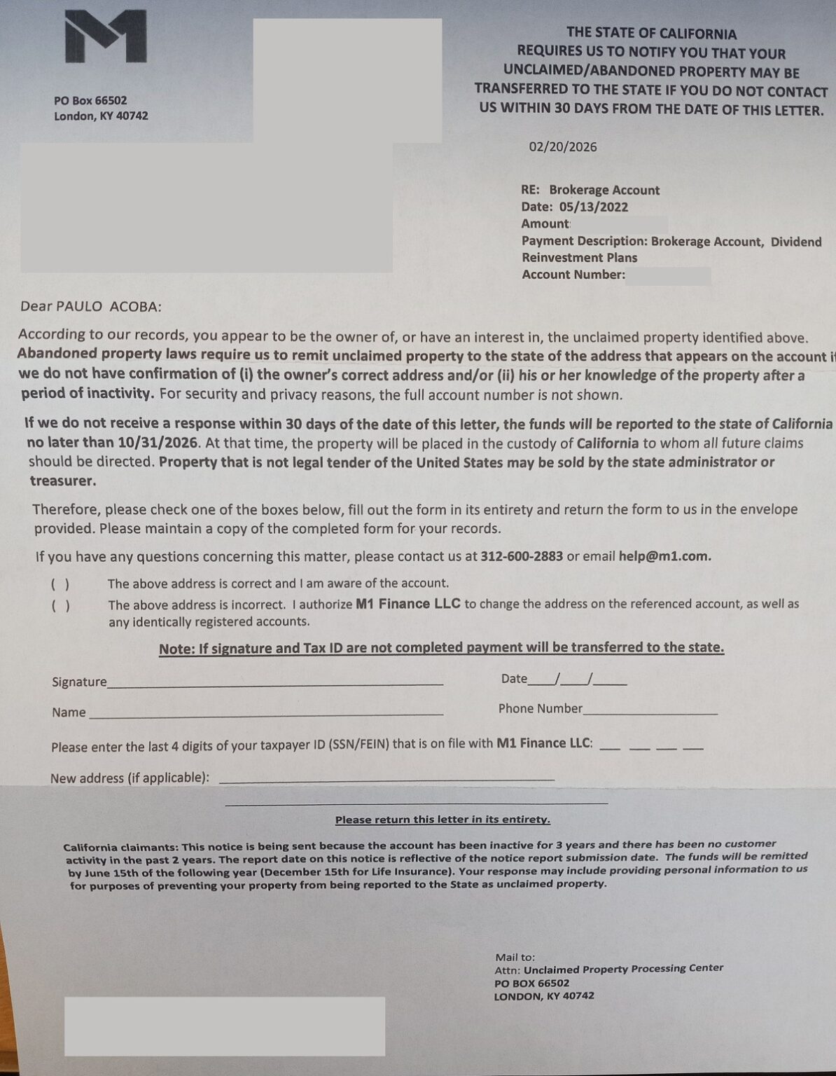 M1 Finance Accidentally Sent Me ‘Unclaimed Property’ Notice – Ferio252