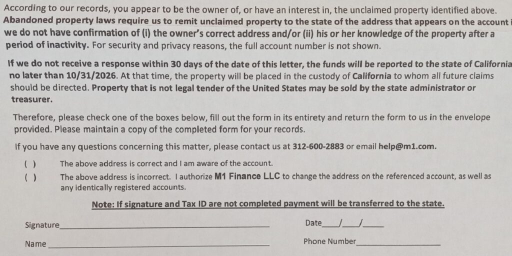 M1 Finance Accidentally Sent Me ‘Unclaimed Property’ Notice – Ferio252