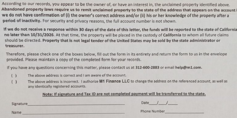 M1 Finance Accidentally Sent Me ‘Unclaimed Property’ Notice – Ferio252